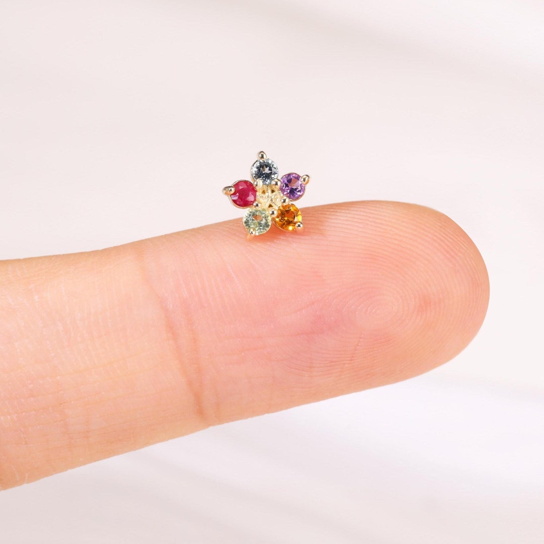 14K Solid Gold Polychrome Floral Stud Piercing, Flower Shape Ruby Stud ...
