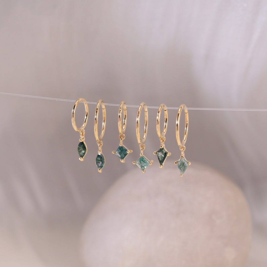 14K Solid Gold Dangle Moss Agate Hoop Clicker, Marquise/square/kite ...