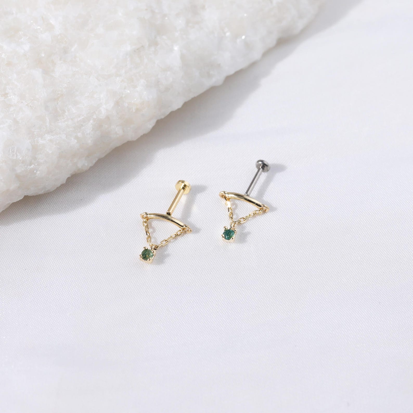 14K Solid Gold Dangle Moss Agate Piercing, Moss Agate Hidden Helix ...