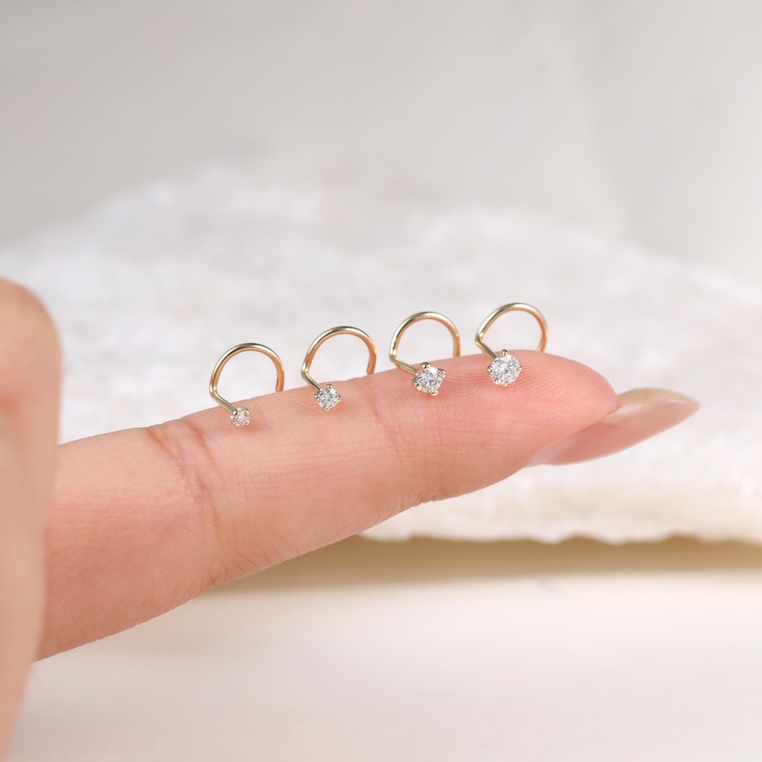 14K Solid Gold Prong Setting Diamond S-shaped Nose Stud, Tiny ...