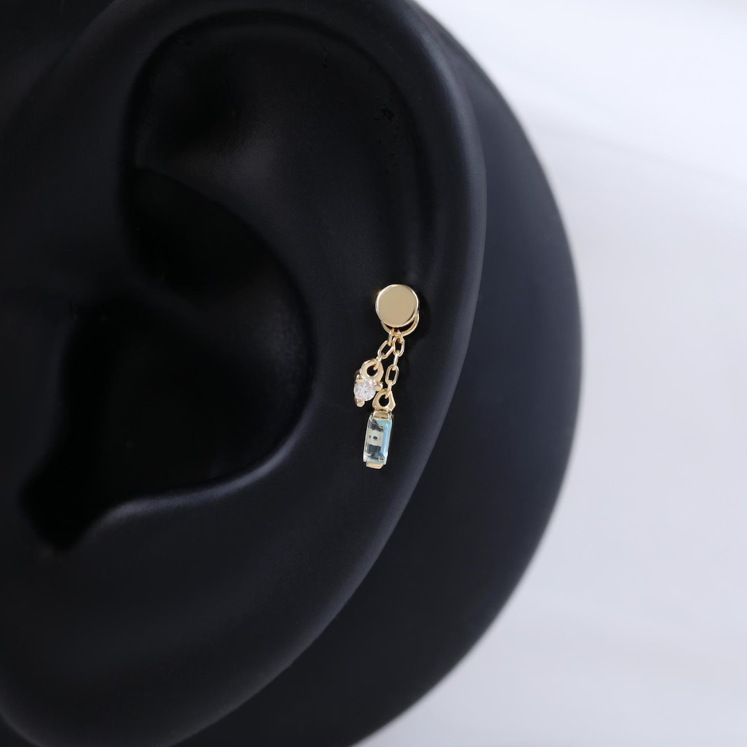 14K Solid Gold Dangle Swiss Blue Toapz Charm, Moissanite Hoop Clicker ...