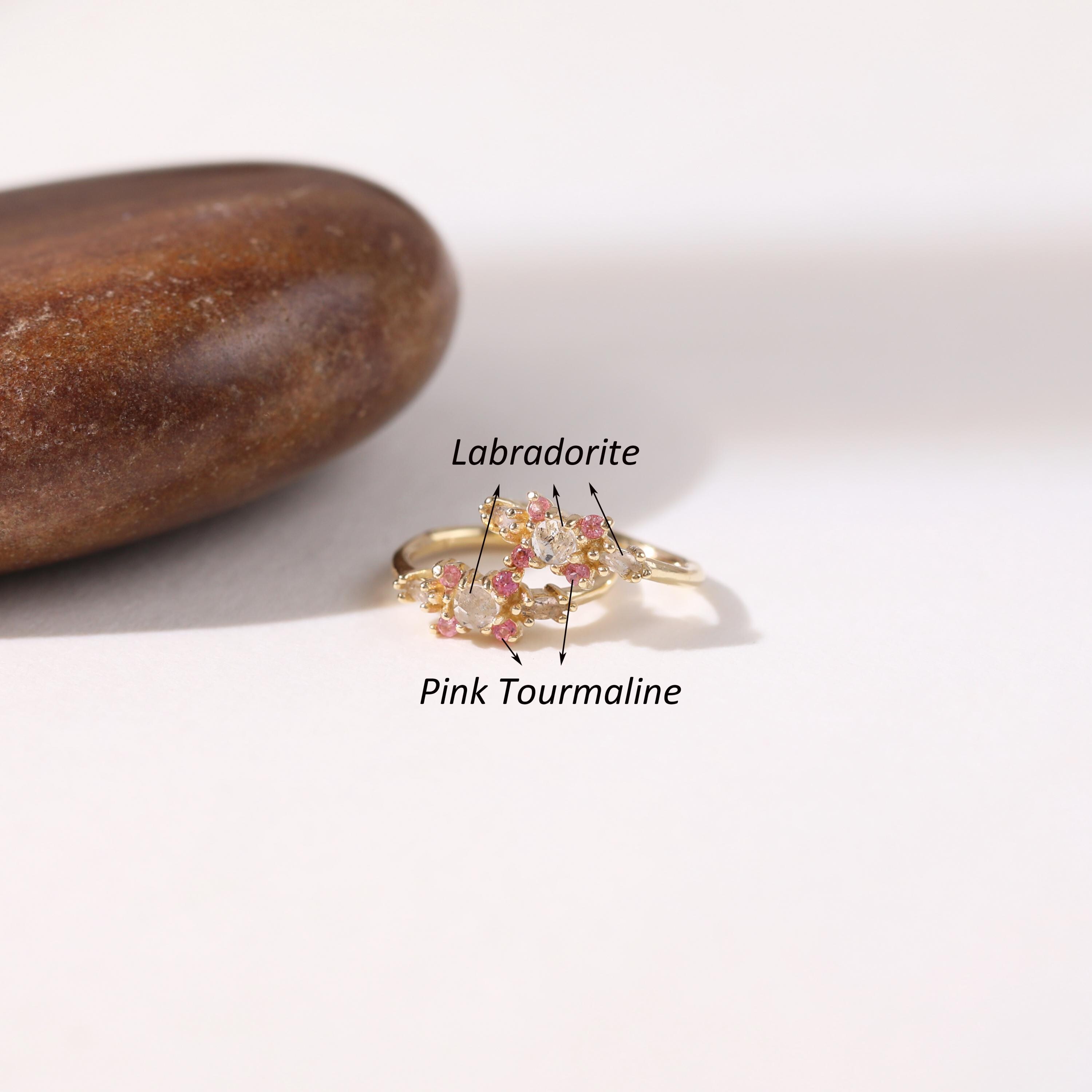 14K Solid Gold Pink Tourmaline With Labradorite Floral Clicker, Flower ...
