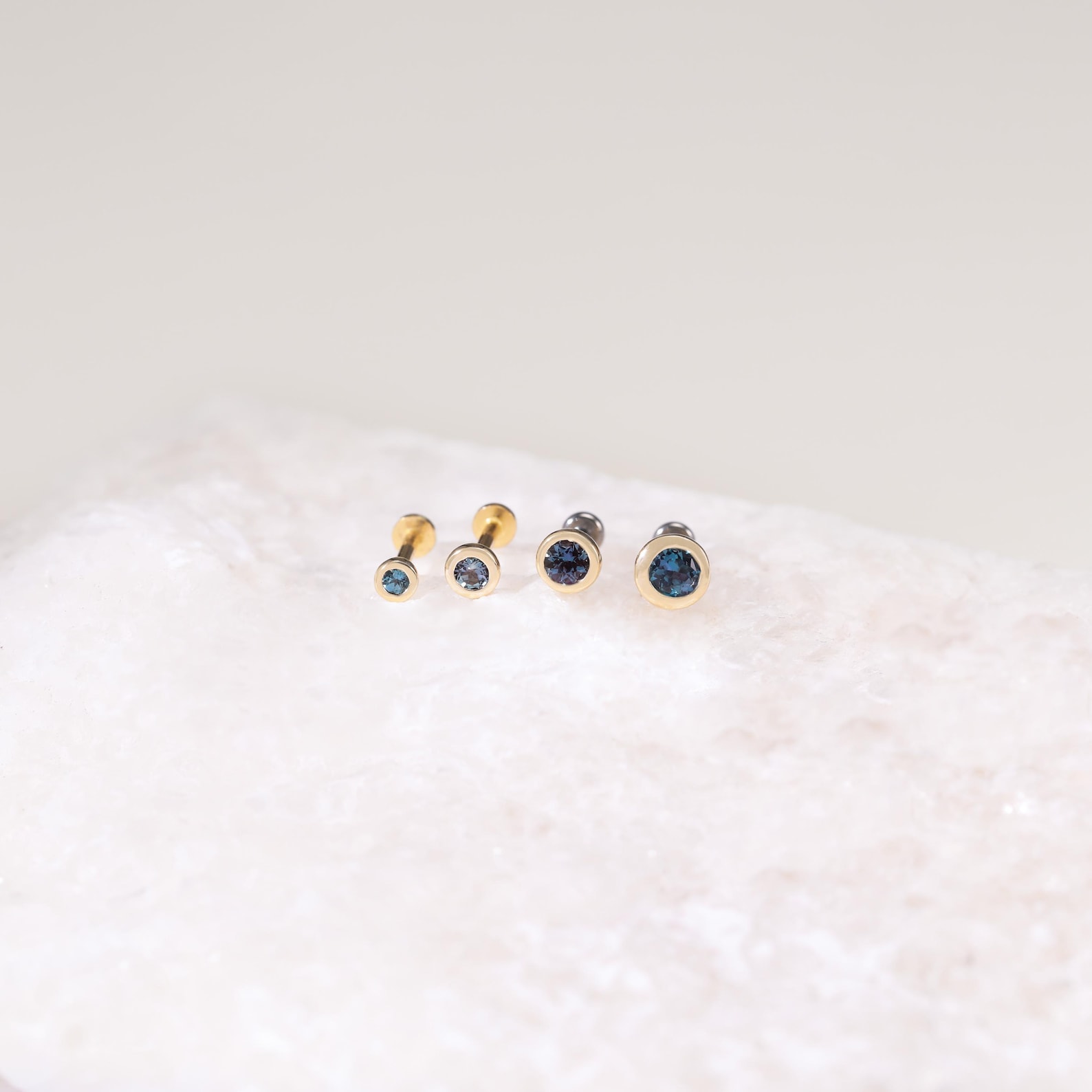 14K Solid Gold Bezel Setting Alexandrite Threadless Push in Labret Stud ...