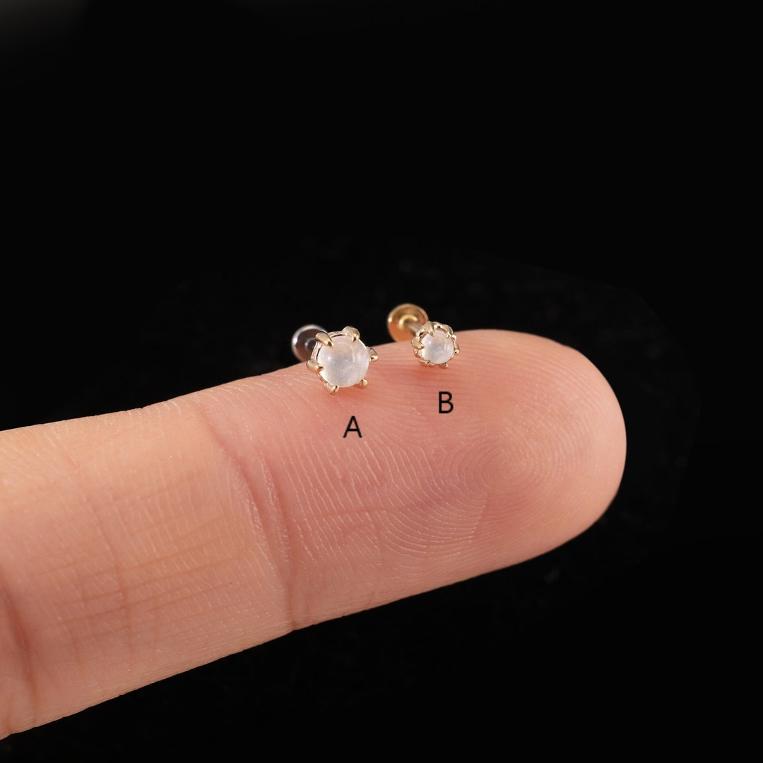 14k Solid Gold Moonstone Stud Earring Tiny Moonstone Cartilage Stud Dainty Conch Stud Gold Helix ...