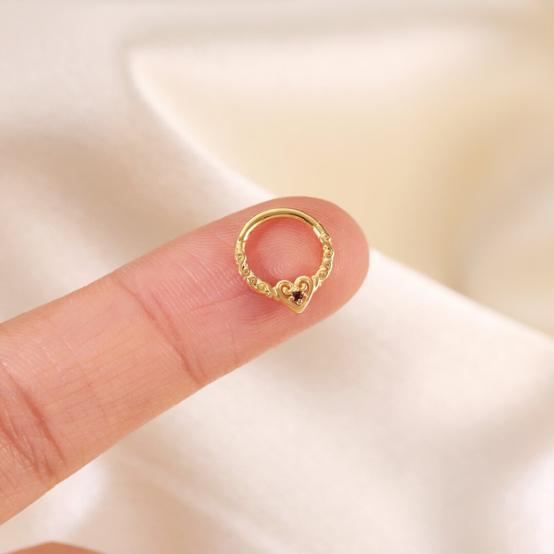 14K Gold Heart Daith Hoop Earring, Garnet Septum Ring, V Shape Hoop ...