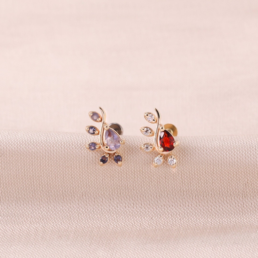 14K Solid Gold Leaf Garnet With Moissanite Cartilage Piercing, Iolite ...