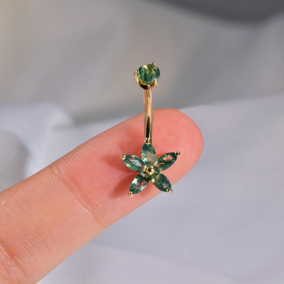14K Solid Gold Moss Agate Flower Navel Piercing Floral Navel Belly Ring ...