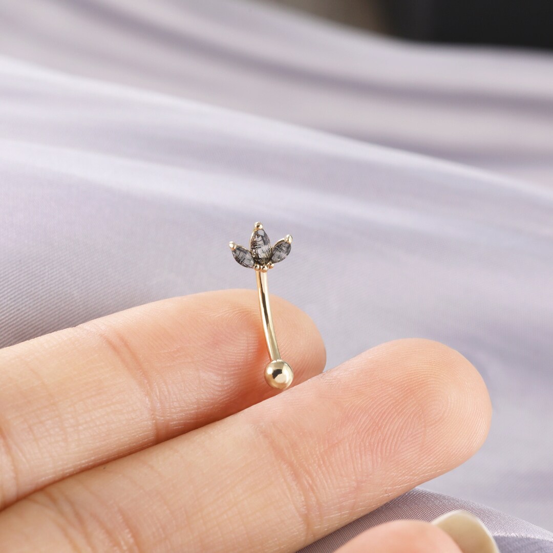 14K Solid Gold Black Hair Quartz Rook Eyebrow Earring 3 Marquise Flower ...