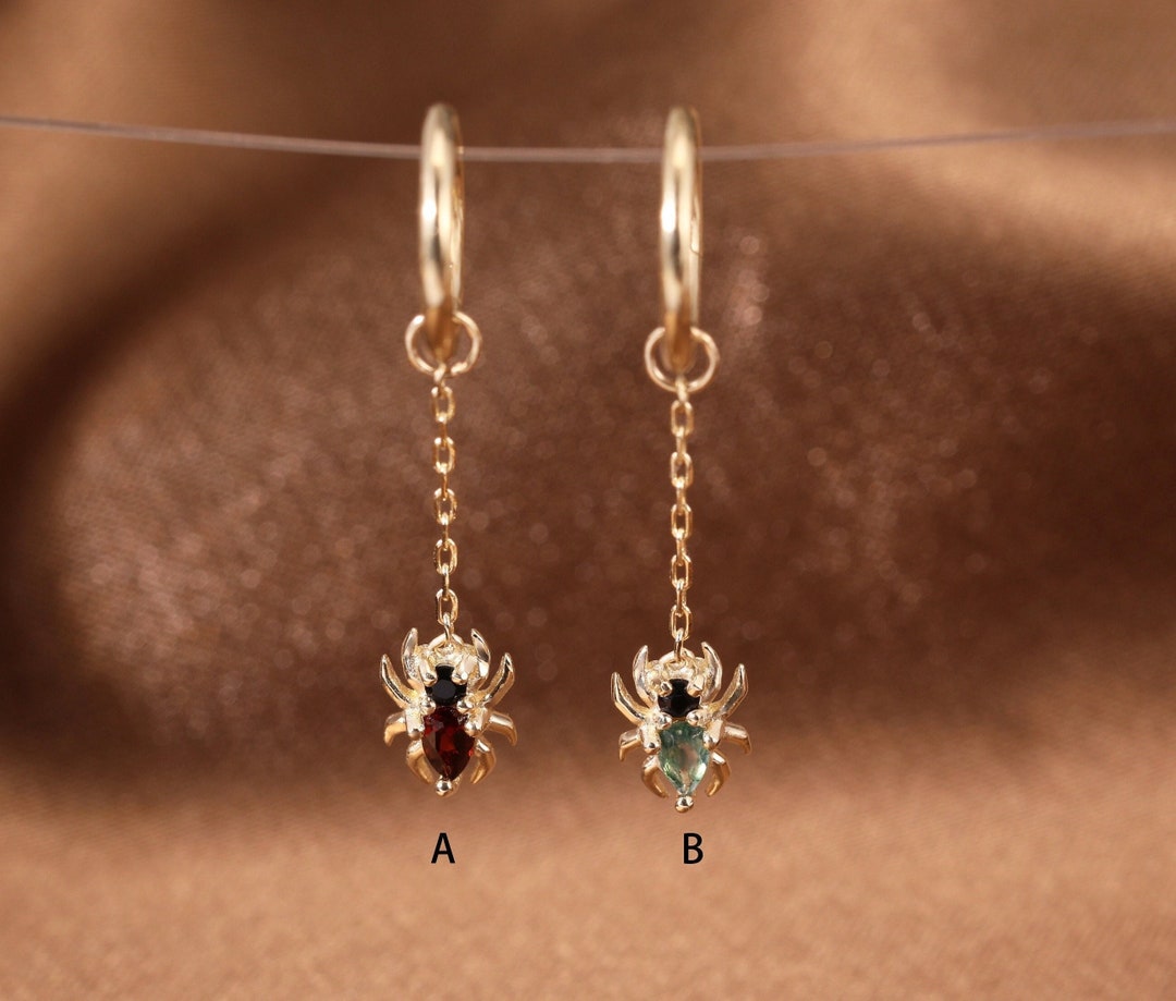 14K Solid Gold Dangle Spider Moss Agate Charm, Garnet Spider Charm ...