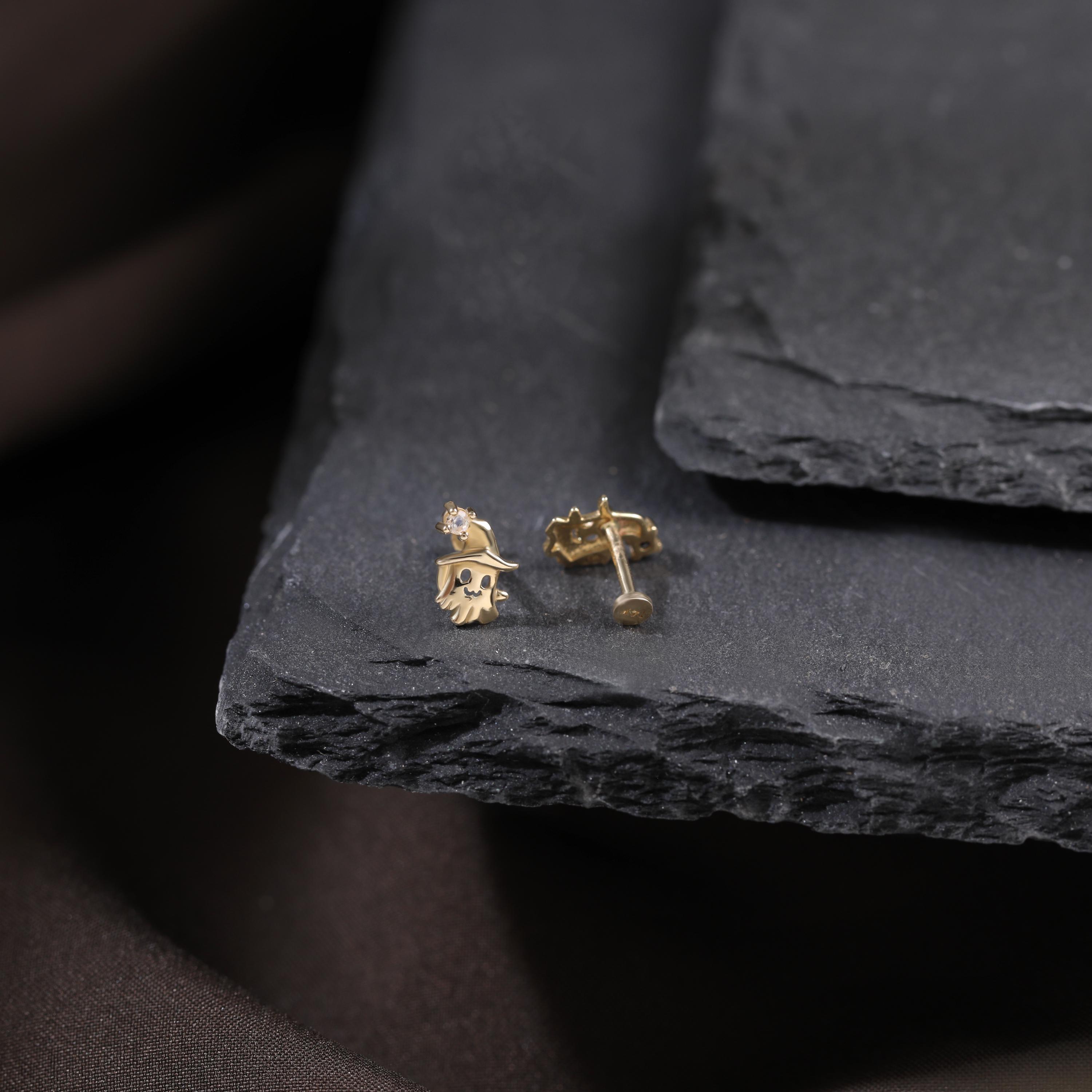 14K Solid Gold Halloween Ghost Piercing, Moonstone Helix Conch Flat ...