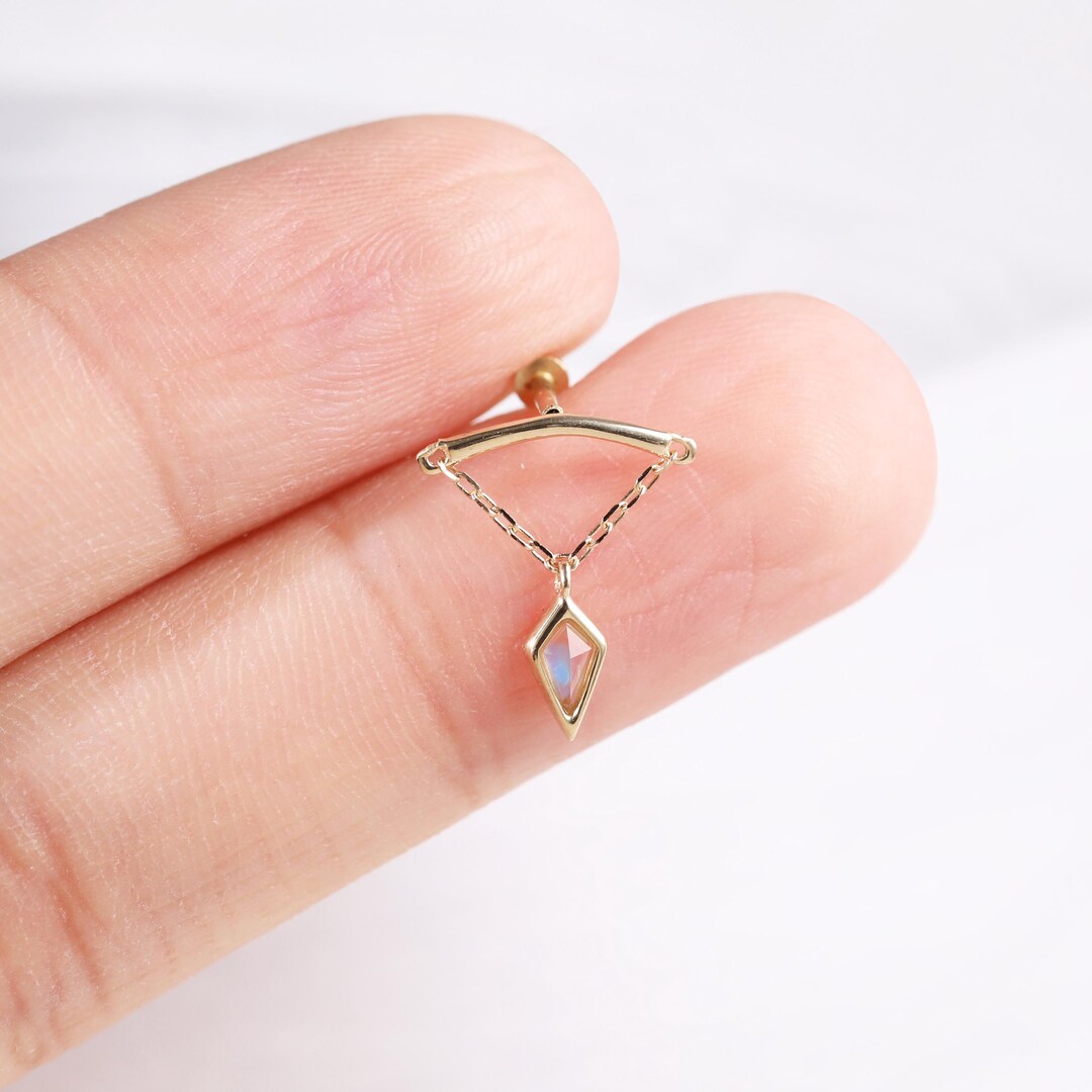 14K Gold Moonstone Industrial Barbell Piercing: Kite Dangle Earring - Etsy