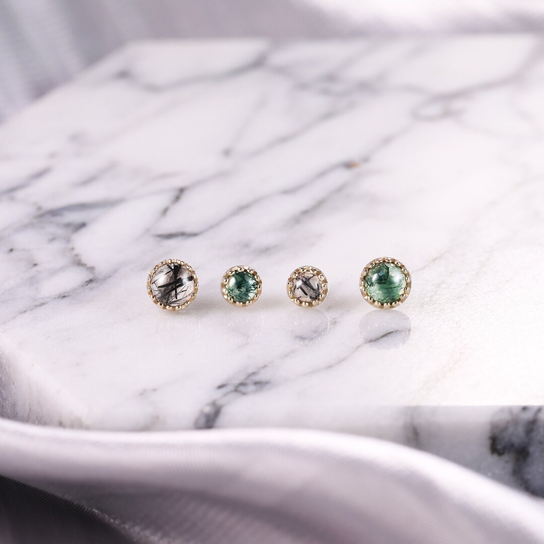 14K Solid Gold Moss Agate Stud,black Hair Quartz Threadless Stud,black ...