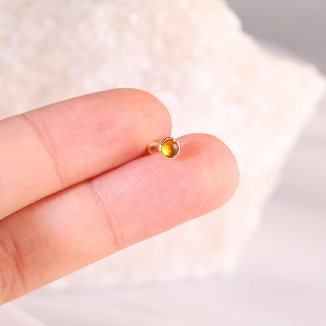 14k Solid Gold Amber Threadless Push Pin Stud Earring, Dainty Round ...