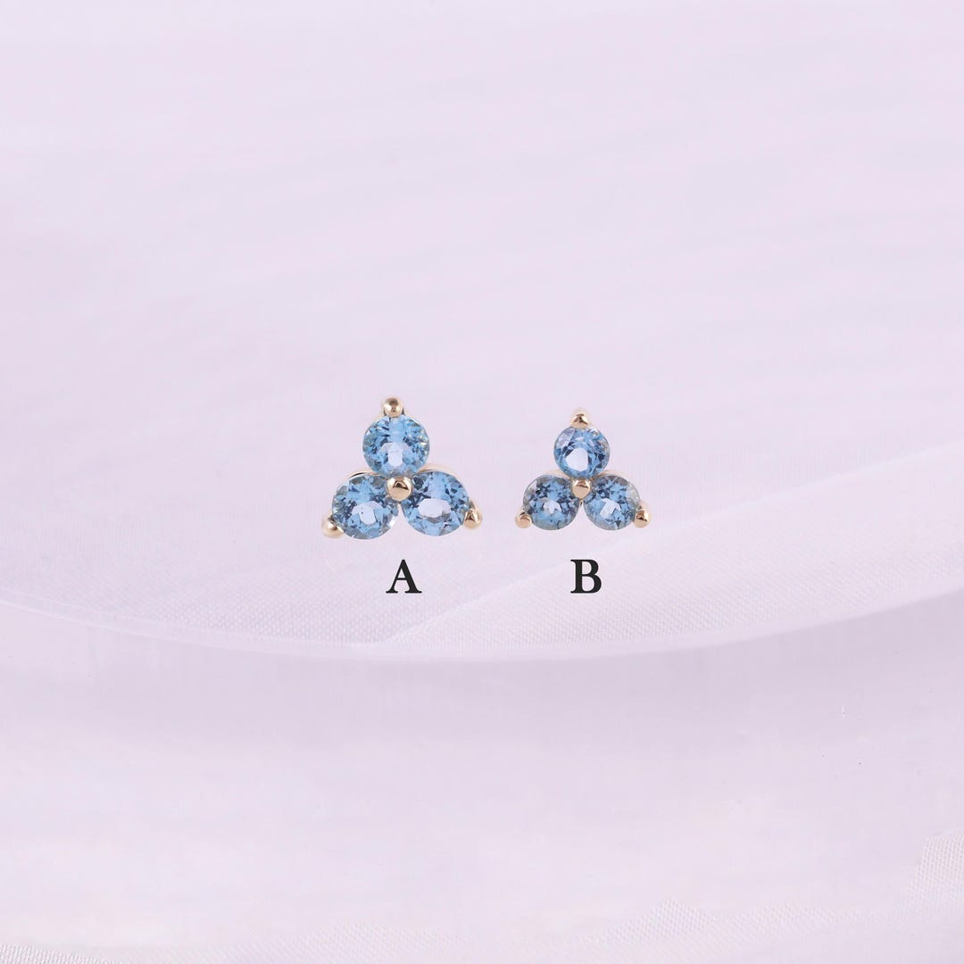 14K Gold Swiss Blue Topaz Triangle Stone Cluster Stud, Gold Threadless ...