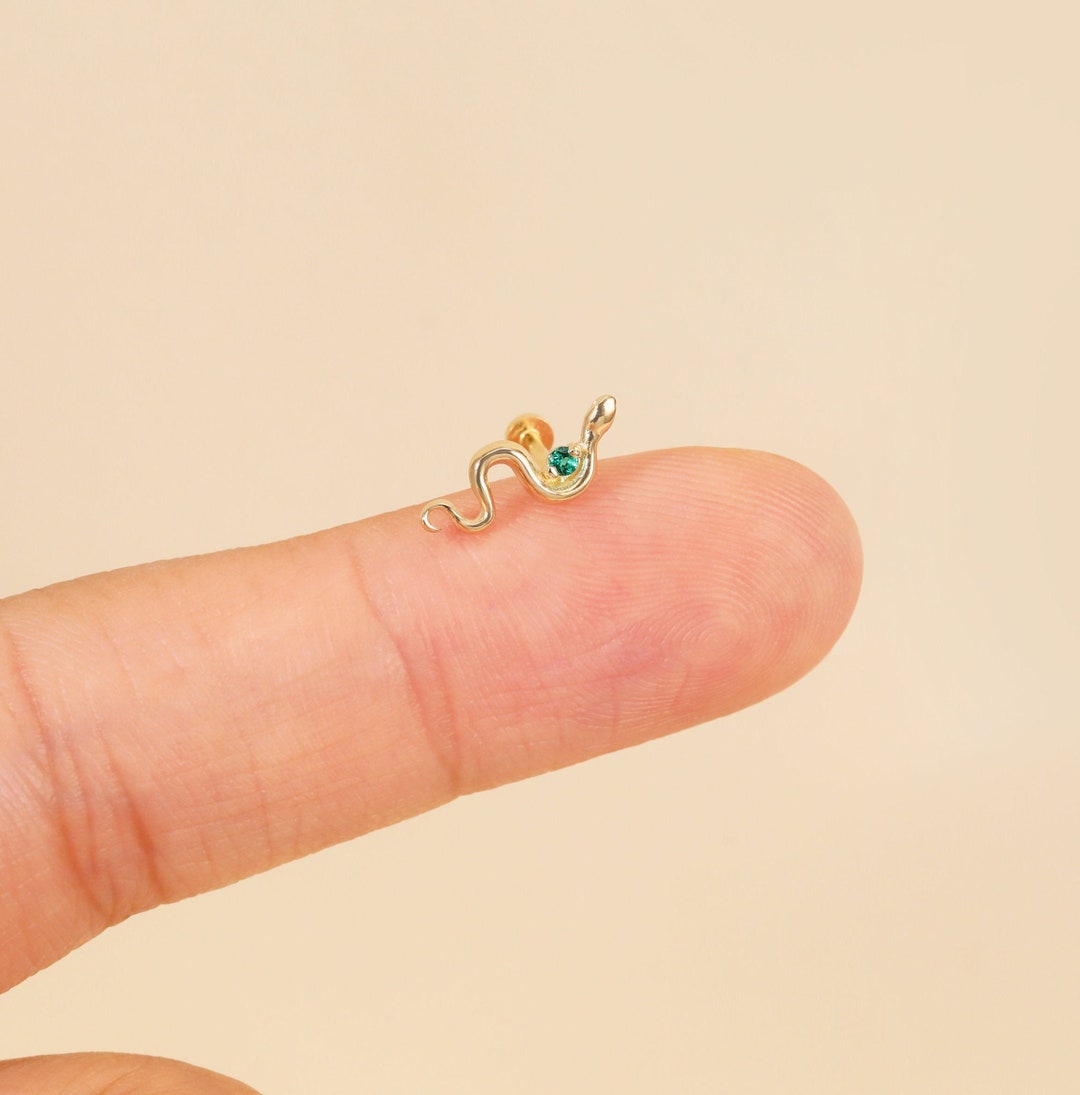 14K Solid Gold Emerald Snake Cartilage Flat Back Earring, Animal ...