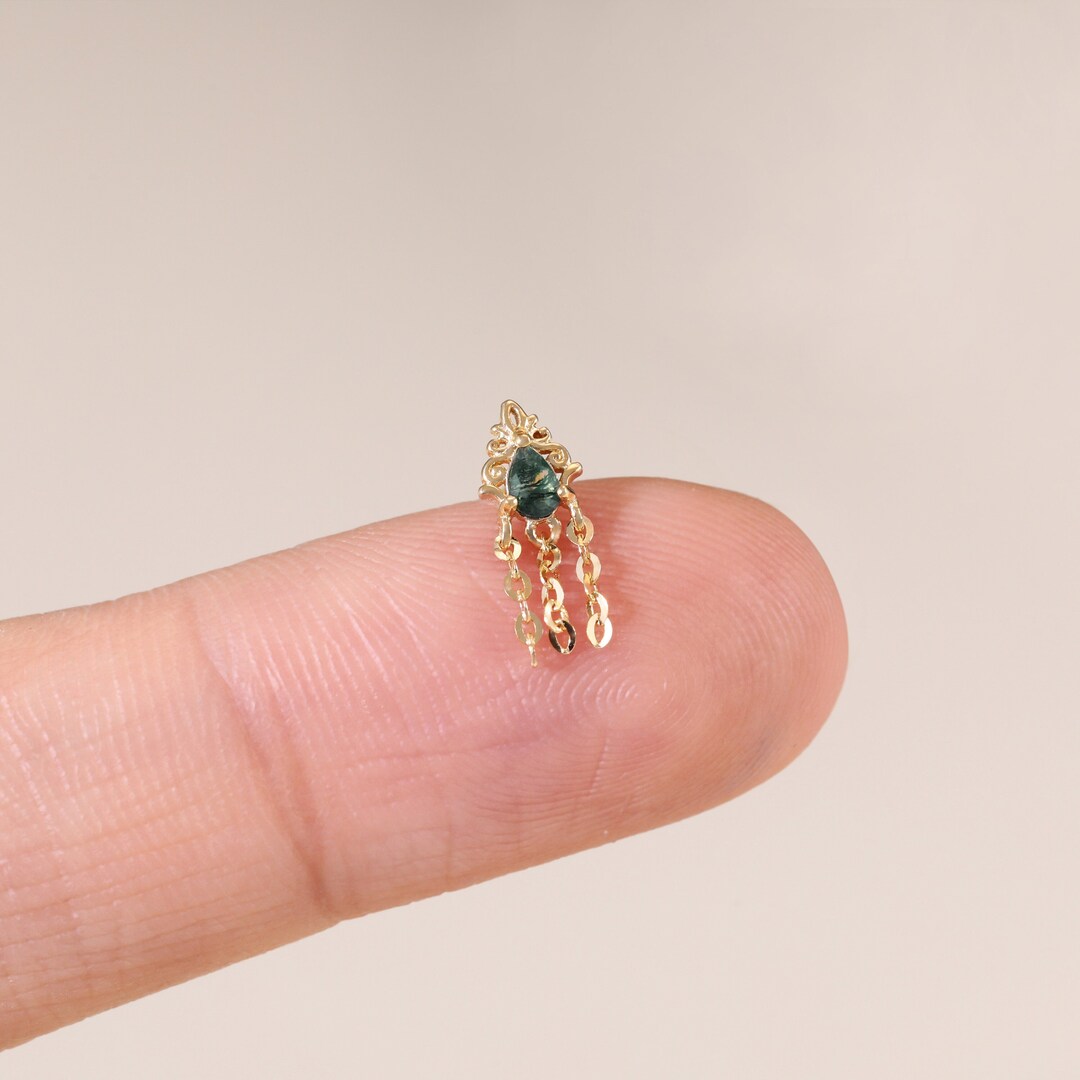 14K Solid Gold Pear Moss Agate Dangle Chain Stud, Drop Earring, Gold ...