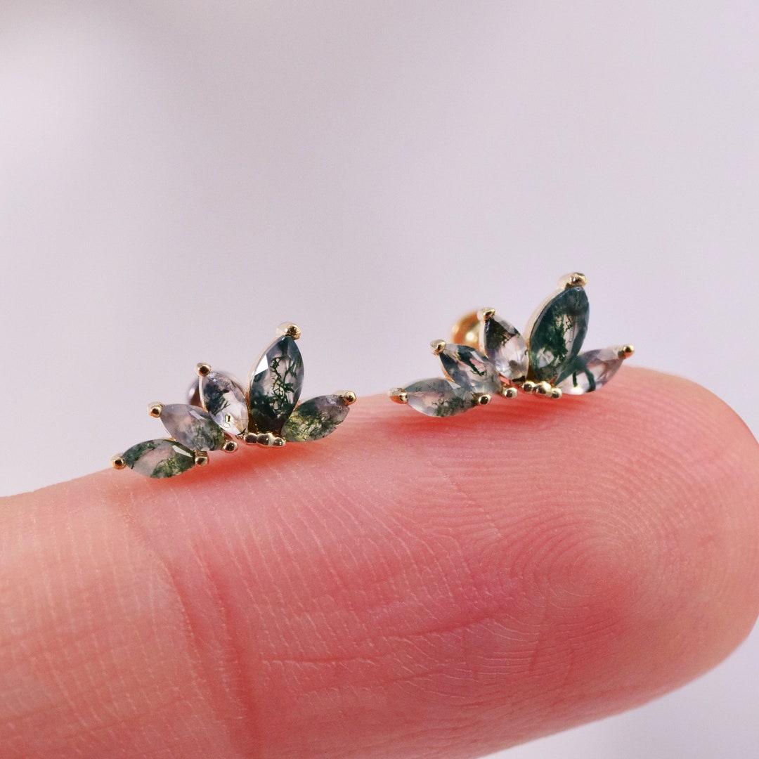 14K Gold Moss Agate Earring Threadless Push Pin Stud Dainty Fan Shape ...
