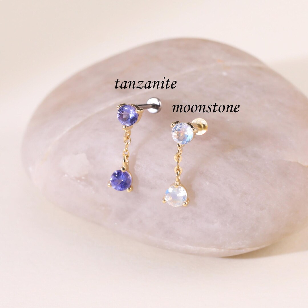 14K Solid Gold Moonstone Dangle Lobe Earring, Tanzanite Helix Cartilage ...