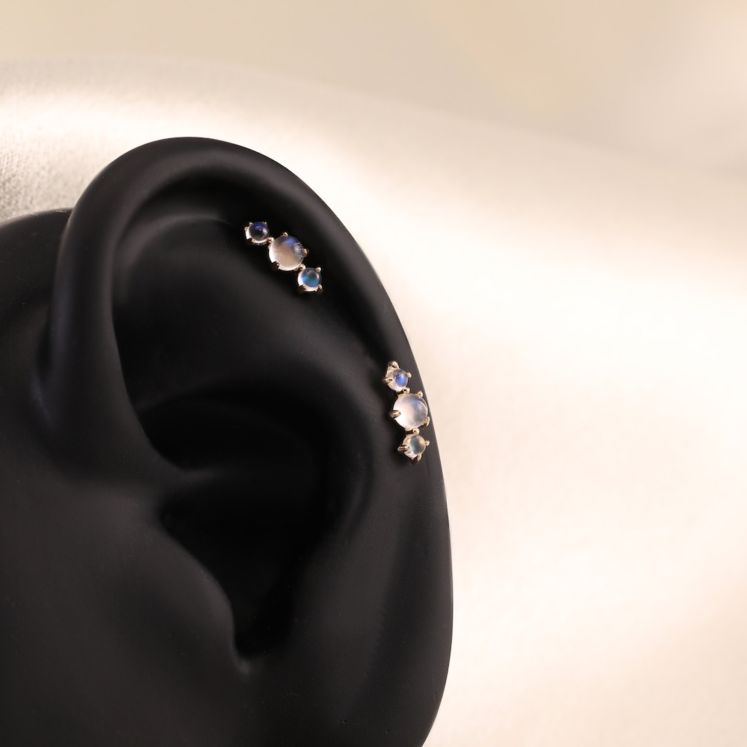 14K Solid Gold Moonstone Ear Climbers Stud Earring, Moonstone Cartilage ...