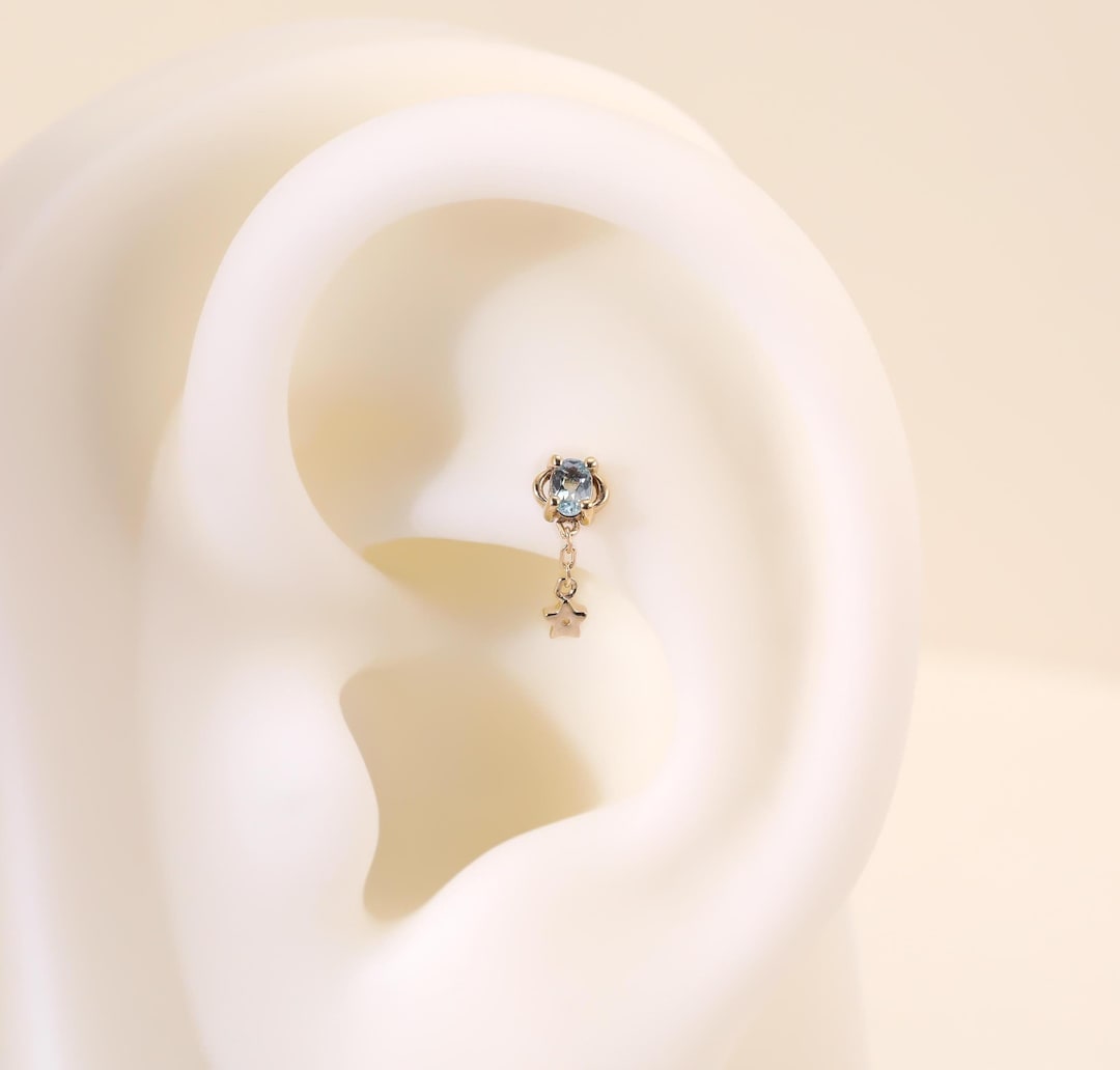 14K Solid Gold Swiss Blue Topaz Stud, Dangle Planet Shaped Conch Stud ...