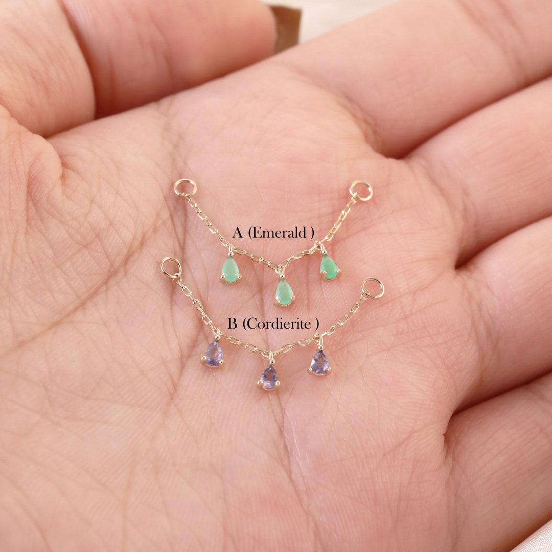 14K Solid Gold Iolite Chain Attachment, Emerald Stone Chain Earring ...