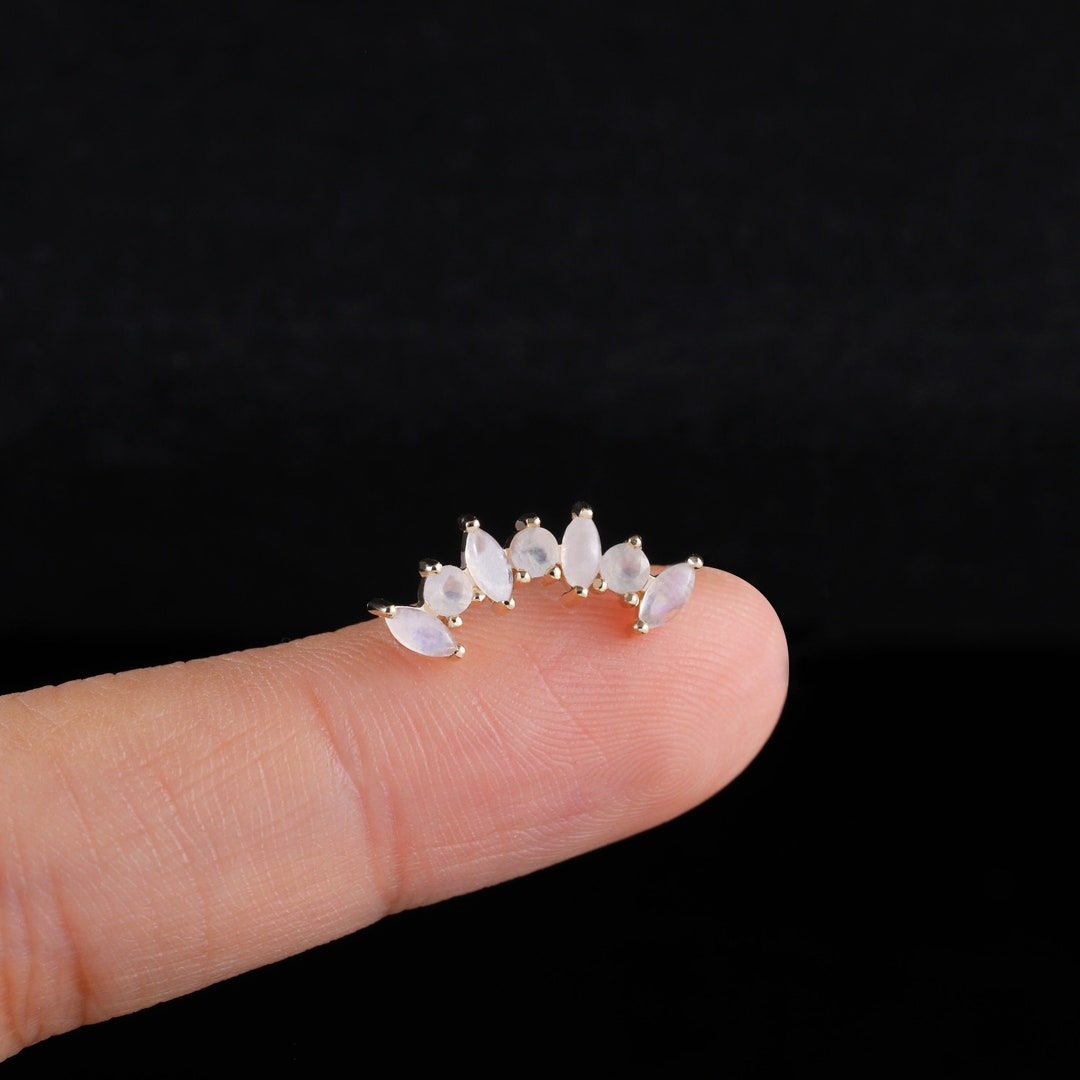 14K Solid Gold Moonstone Tiara Cartilage Piercing, Crown Shaped Helix ...