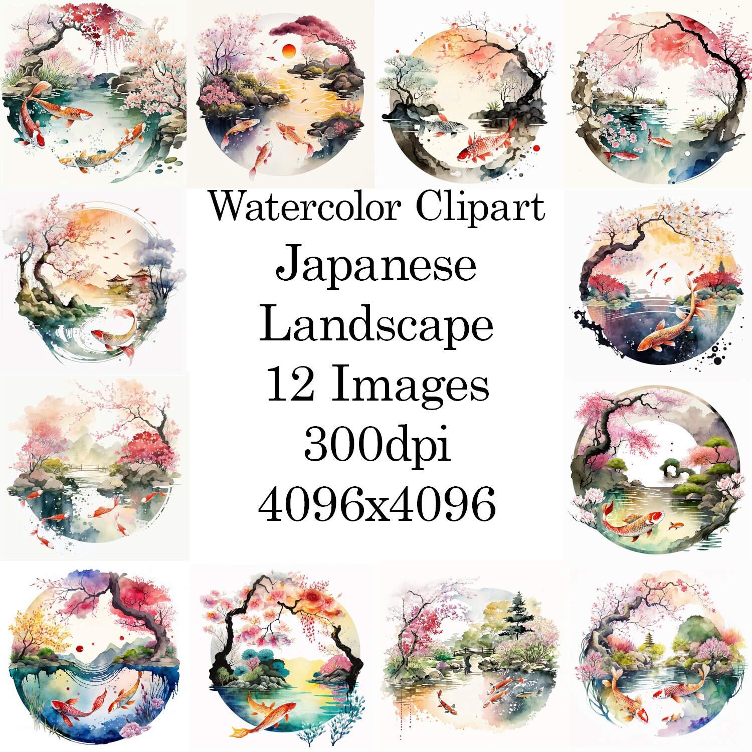 Japanese Landscape Clipart 12 High Quality Jpgs/jpgs, Watercolor Art ...