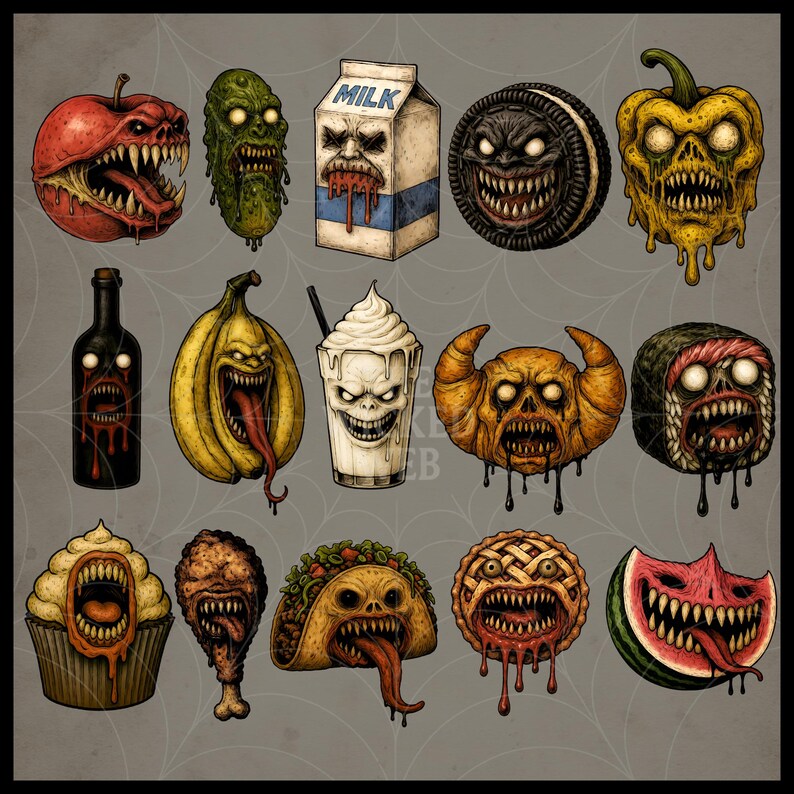 Halloween Food Monster Clipart PNG – 15 Creepy Cute Haunted Snack ...