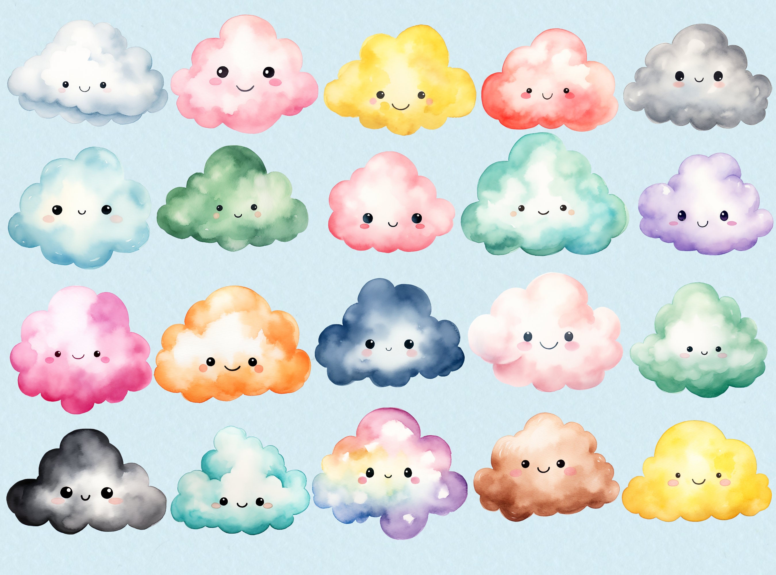 30 Cute Clouds Watercolor Clipart Bundle Transparent Background Kawaii ...