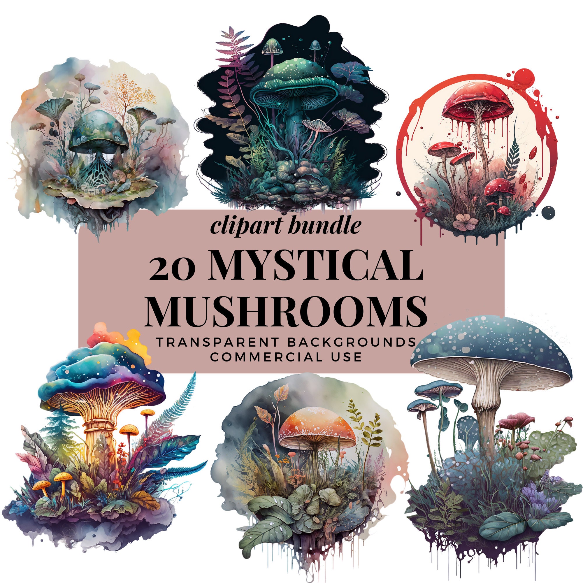 Mystical Mushroom Clipart Bundle - 20 Transparent Background Pngs of ...