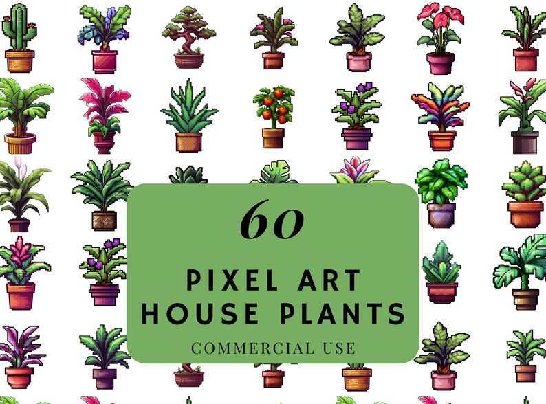 60 Pixel Art Style Houseplants Clipart Bundle - Commercial Use ...