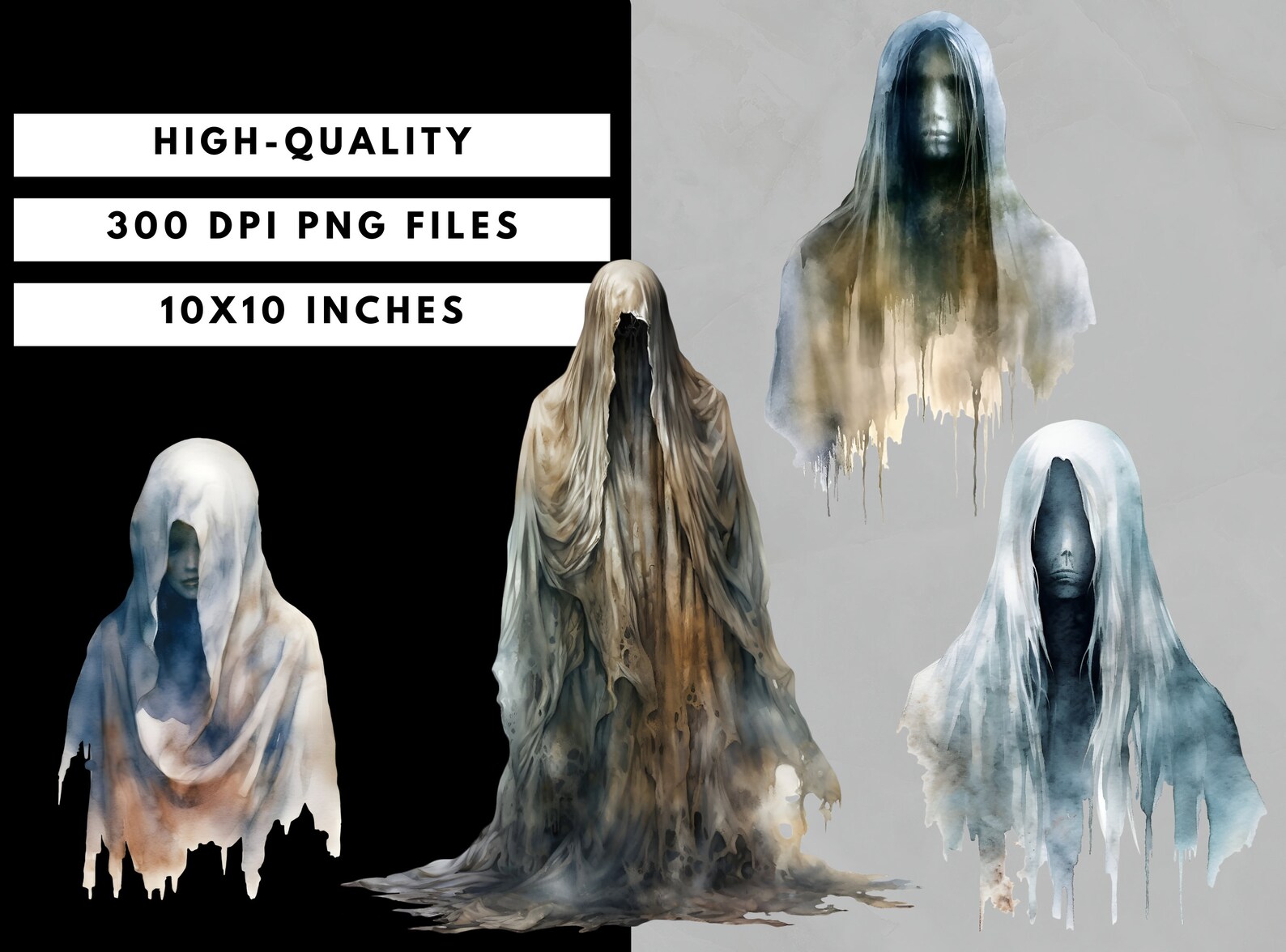 Scary Faceless Ghost Clipart, 20 Gothic Horror Halloween Watercolor ...