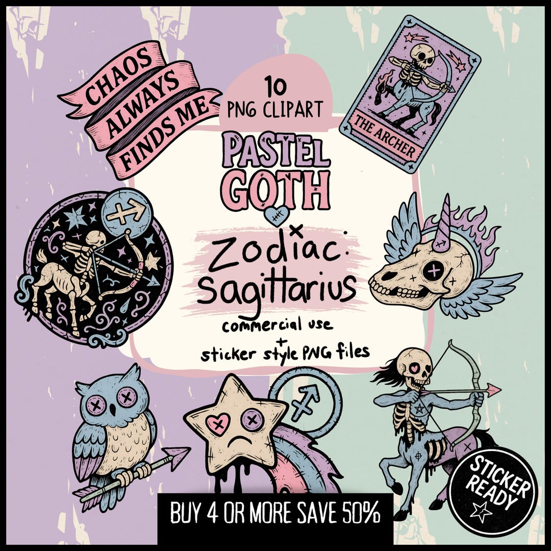 Pastel Goth Sagittarius Zodiac Clipart Bundle – Creepy Cute Archer ...