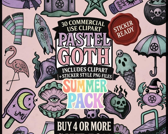 Pastel Goth Summer Clipart Bundle, Creepy Cute Beach Digital Paper ...