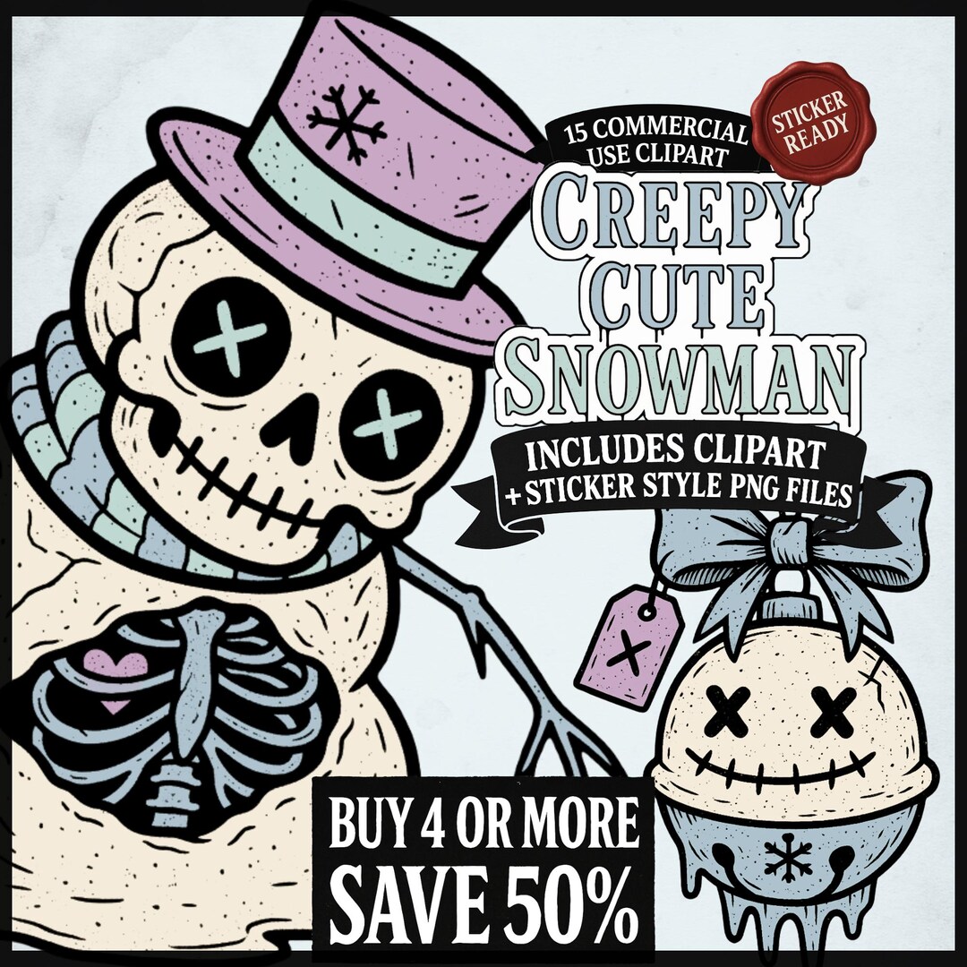 Creepy Cute Snowman PNG Clipart Bundle | Pastel Goth Digital Stickers ...