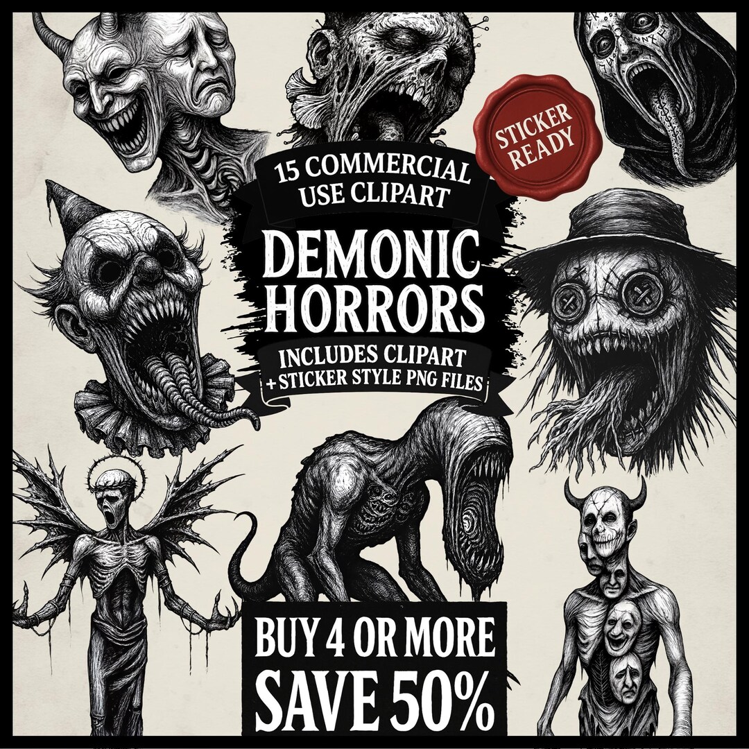 Demonic Horror Clipart PNG Bundle – 15 Black & White Ritual Monsters ...