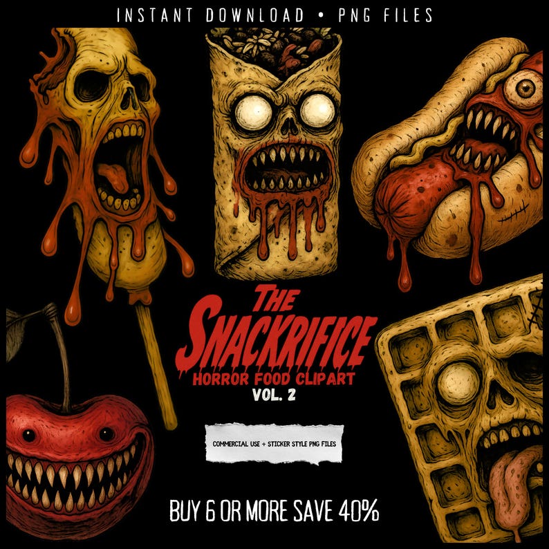Horror Food Clipart Bundle – 15 Cursed Snack Monsters Pngs, Creepy Fast ...