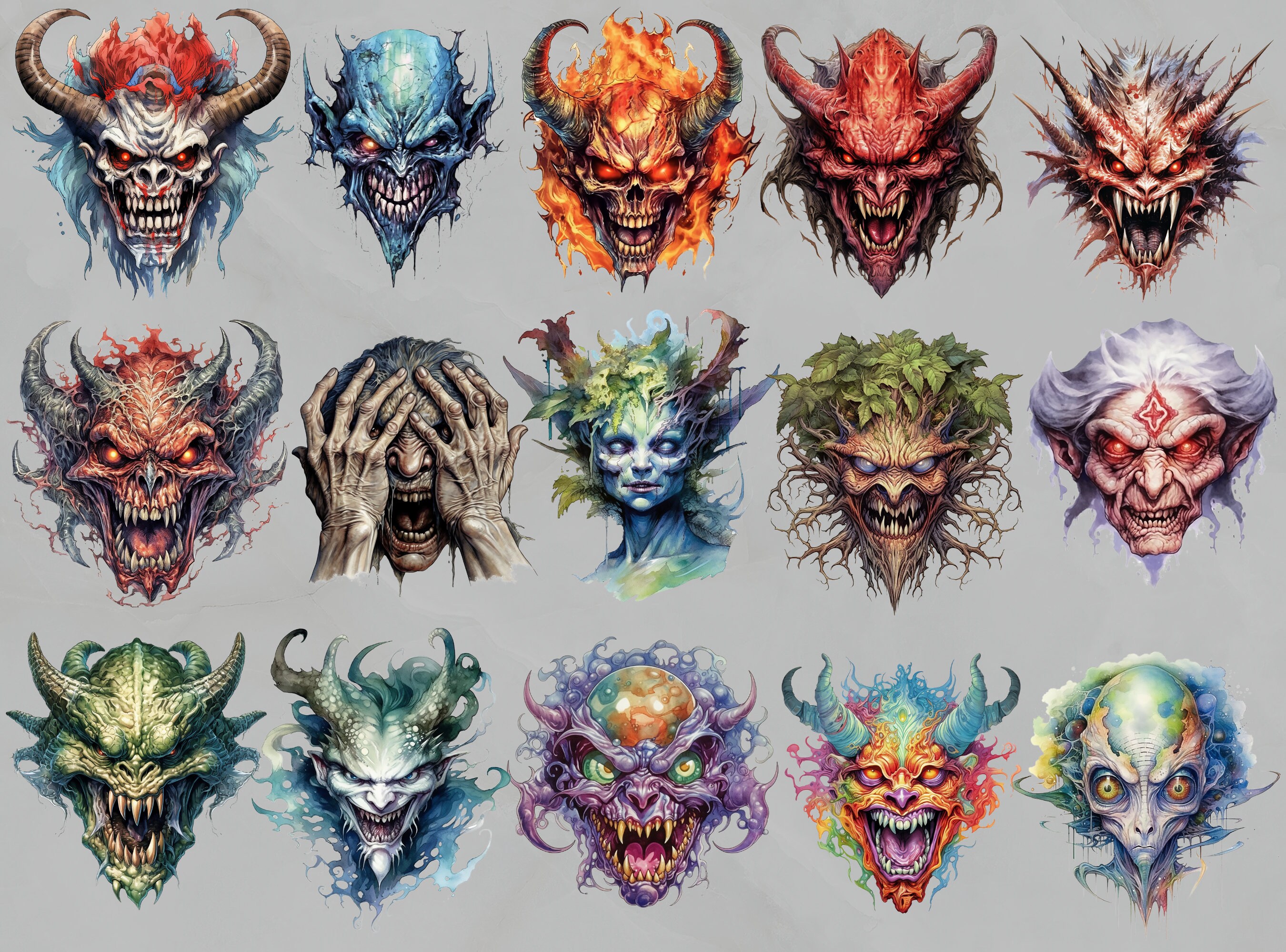 30 Horror Watercolor Demon Faces Clipart Bundle Ghosts, Bloody Ghouls ...