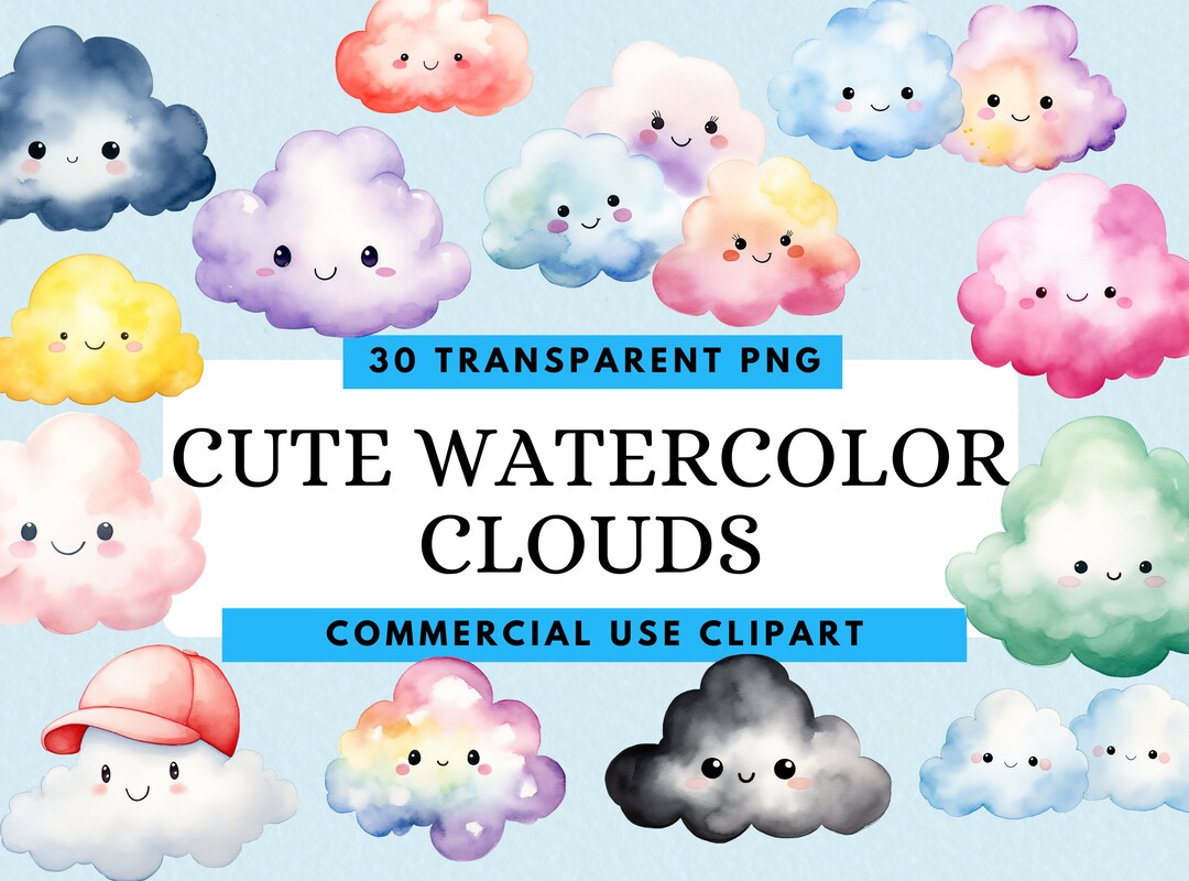 30 Cute Clouds Watercolor Clipart Bundle - Transparent Background ...