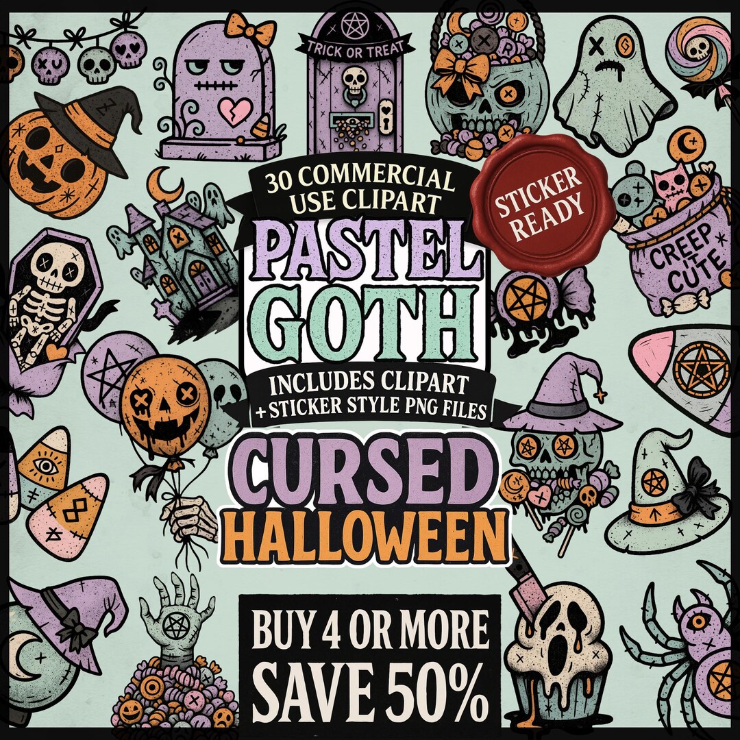 Pastel Goth Halloween Clipart PNG Bundle – Cursed Cute Skull, Witch ...