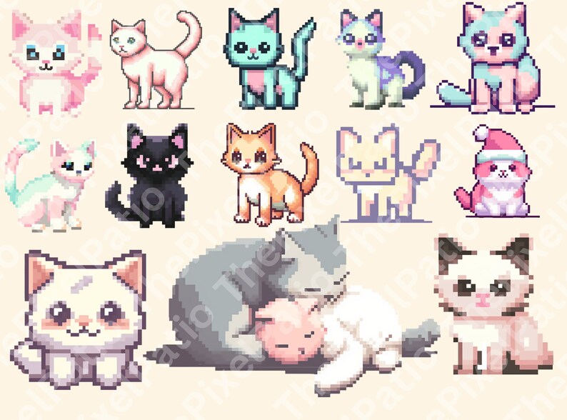 40 Pixel Art Cats Clipart Bundle - Commercial Use Transparent ...