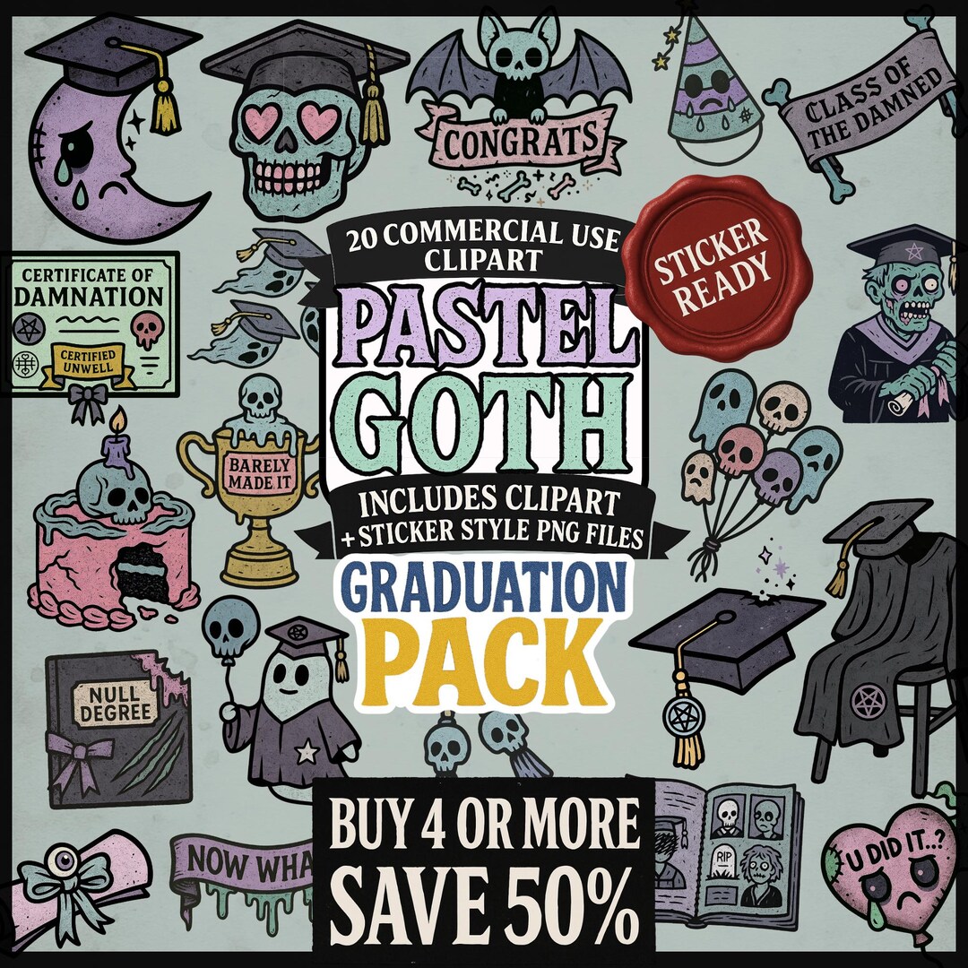 Pastel Goth Graduation Clipart Bundle – 20 Dark Academia Stickers ...
