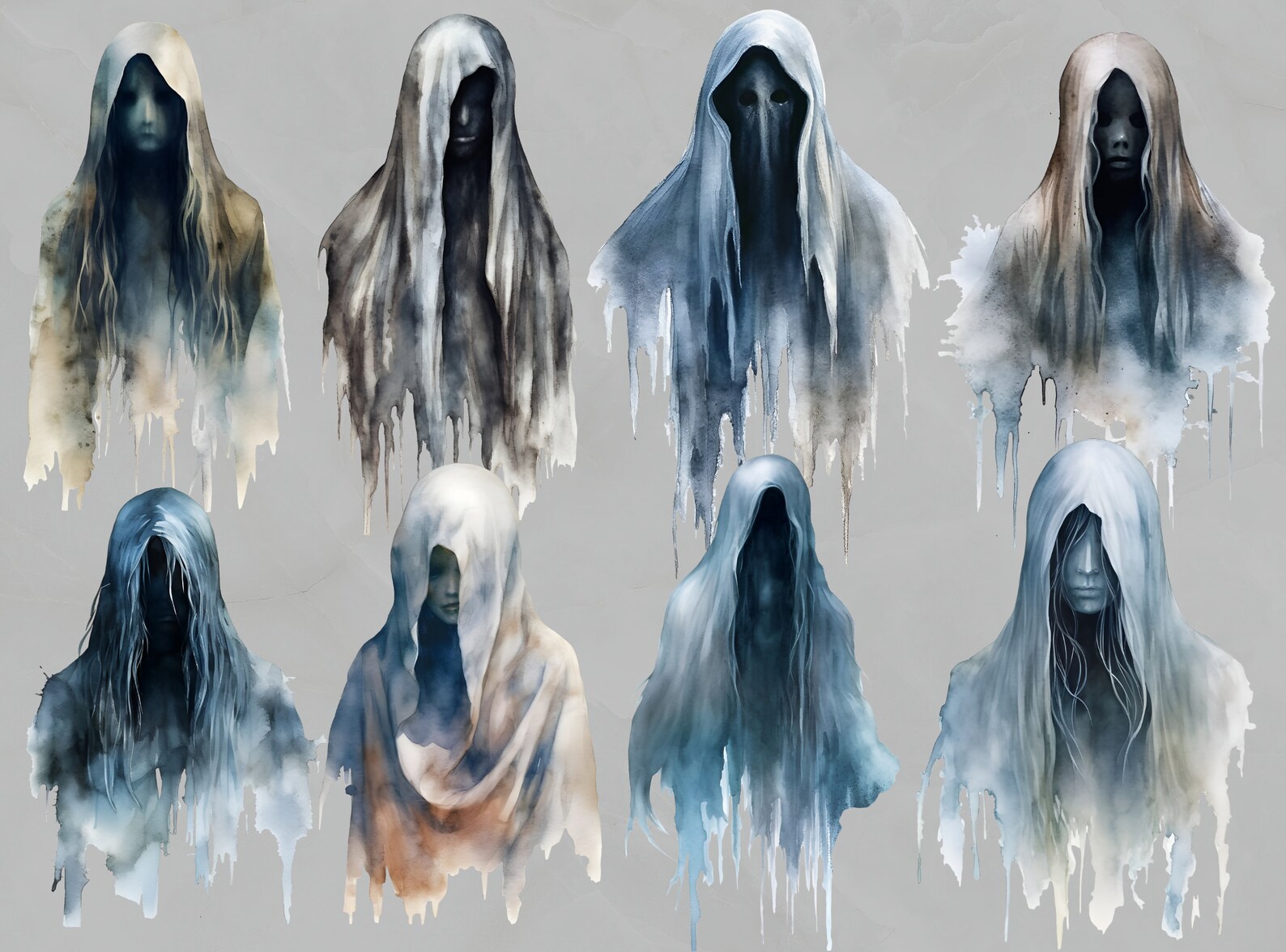 Scary Faceless Ghost Clipart, 20 Gothic Horror Halloween Watercolor ...