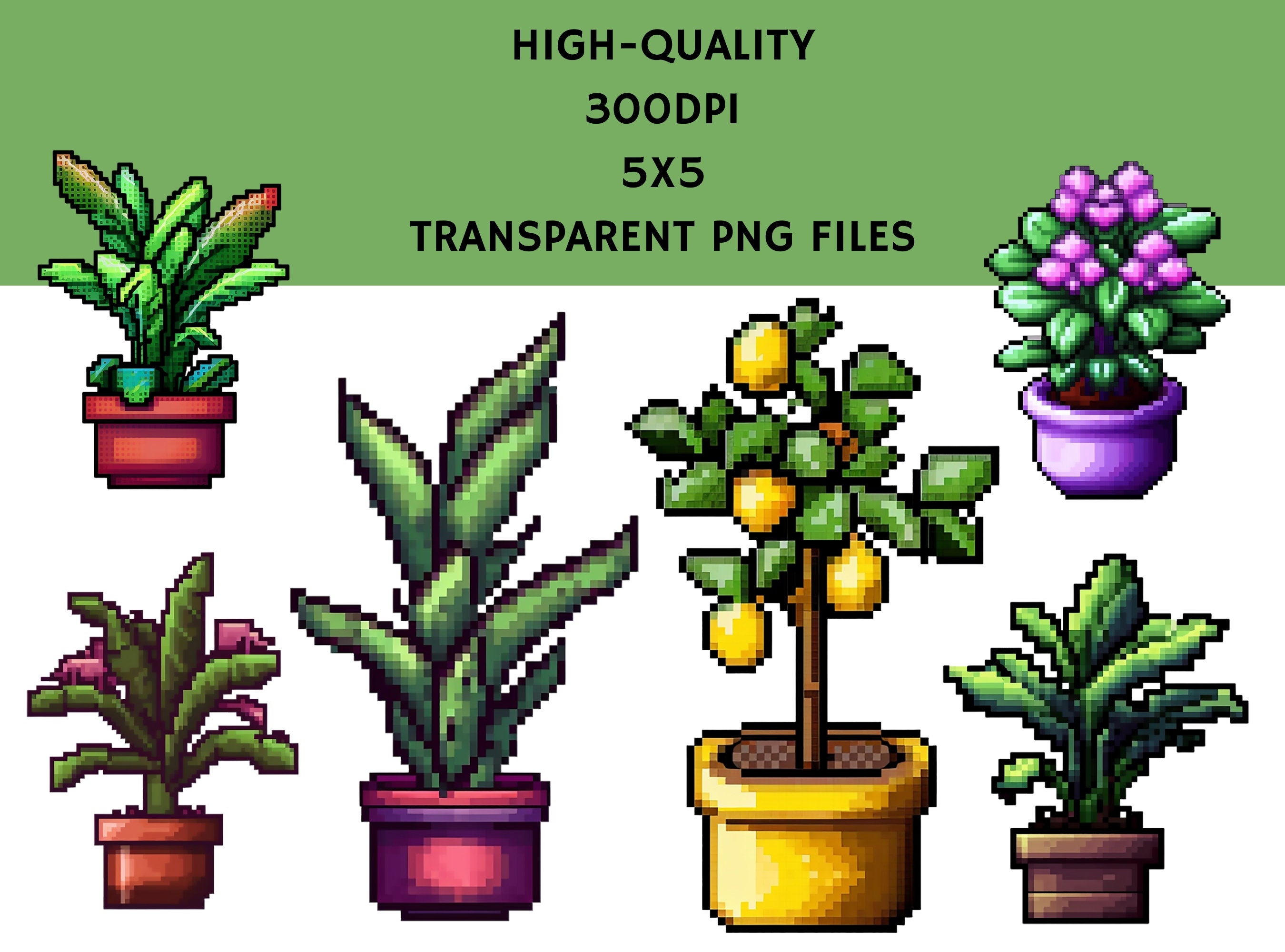 60 Pixel Art Style Houseplants Clipart Bundle - Commercial Use ...