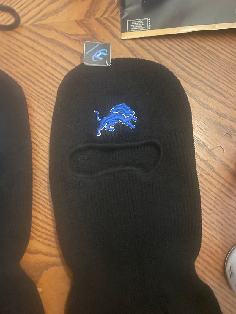 Lions Ski Mask Beanie Patch Embroidery Script Cuffed Football Red Wings ...