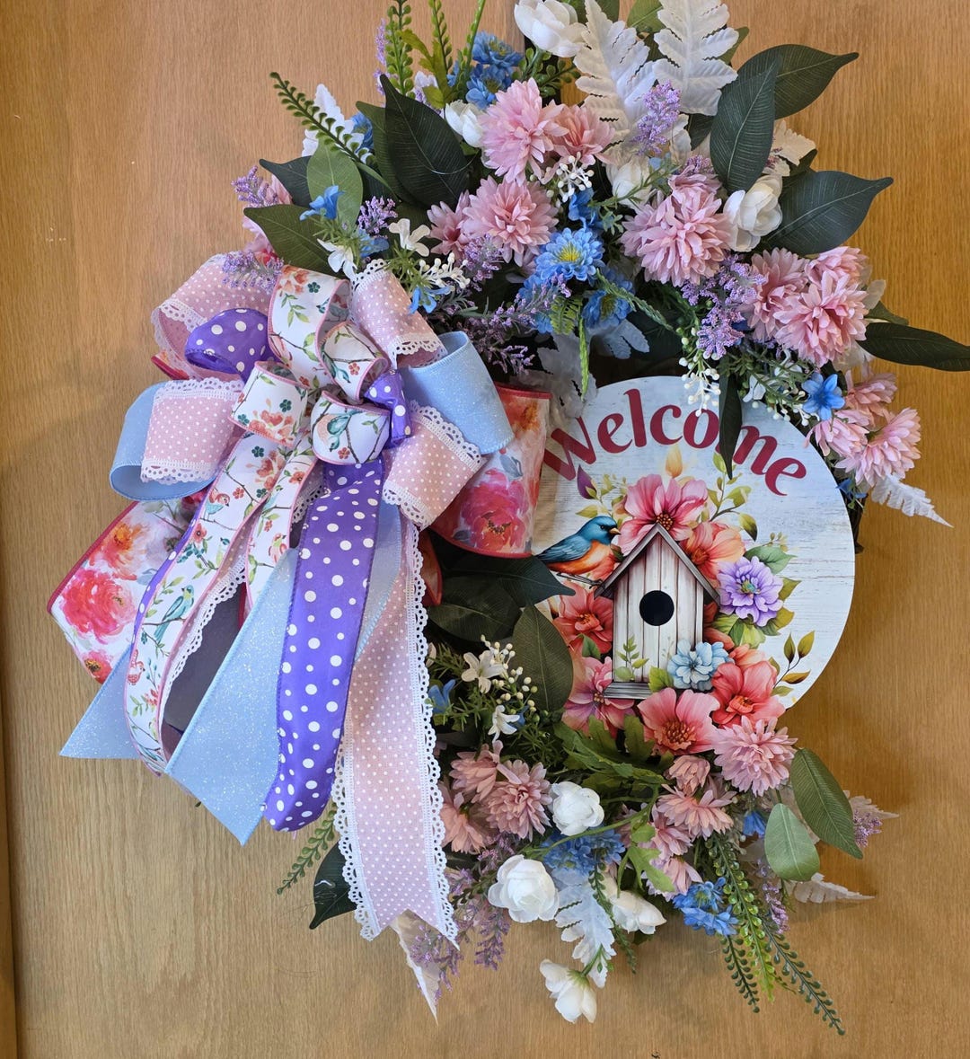 Spring Floral Wreath | Birdhouse Welcome Sign, Pastel Door Decor - Etsy