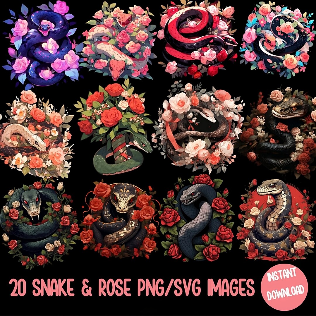 20 Snake and Rose SVG and PNG Instant Download Images, Snakes, Roses ...
