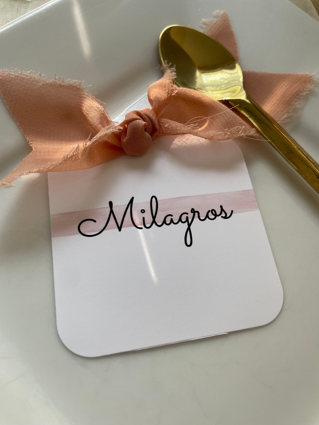 Chic Brushstroke Square Name Card With Chiffon Tie & Optional Bronze ...