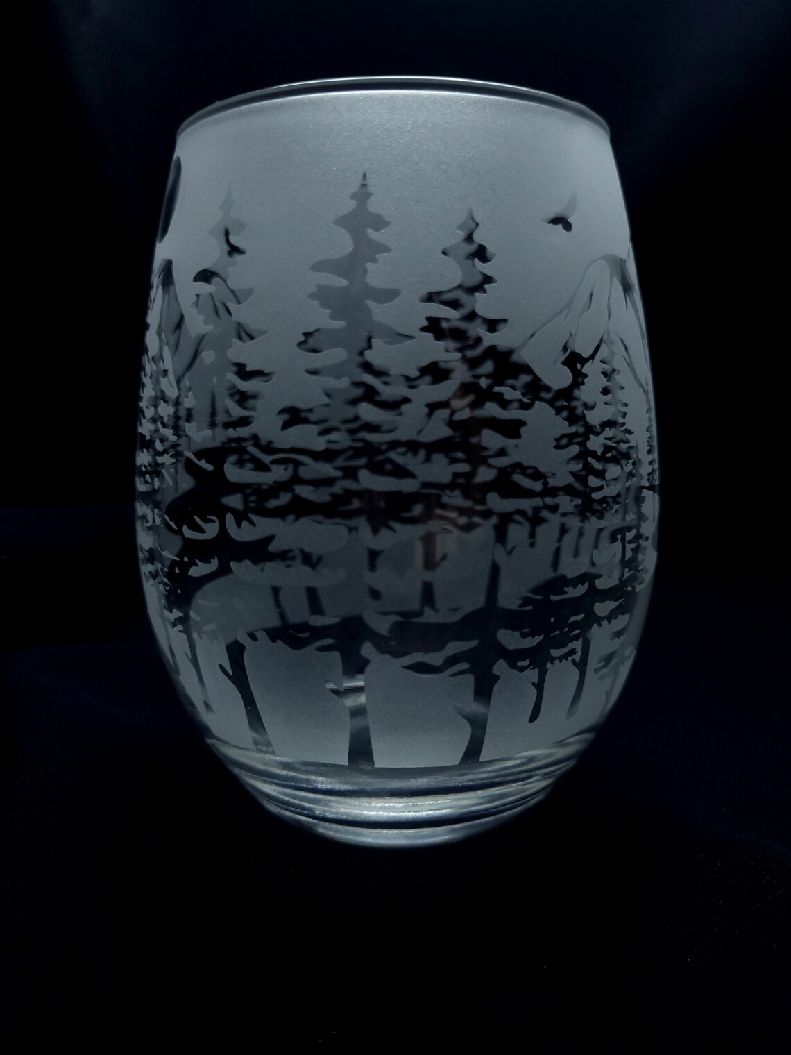 Etched Nature Lover Stemless Wine Glass, River Mountain, Etched ...