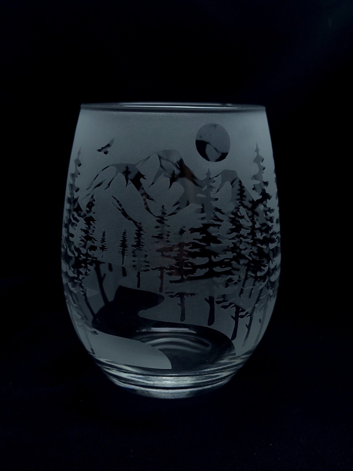 Etched Nature Lover Stemless Wine Glass, River Mountain, Etched ...